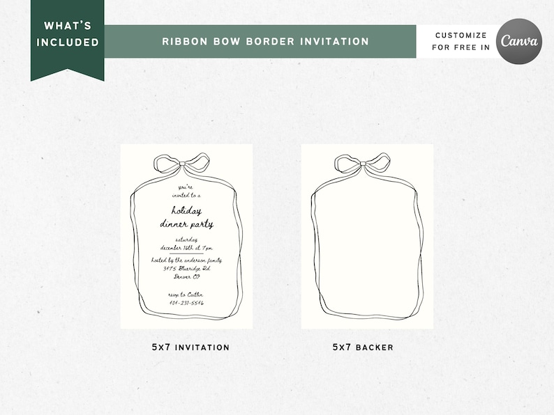 Ribbon Bow Invitation Template, DIY Holiday Party Invitation, Hand ...