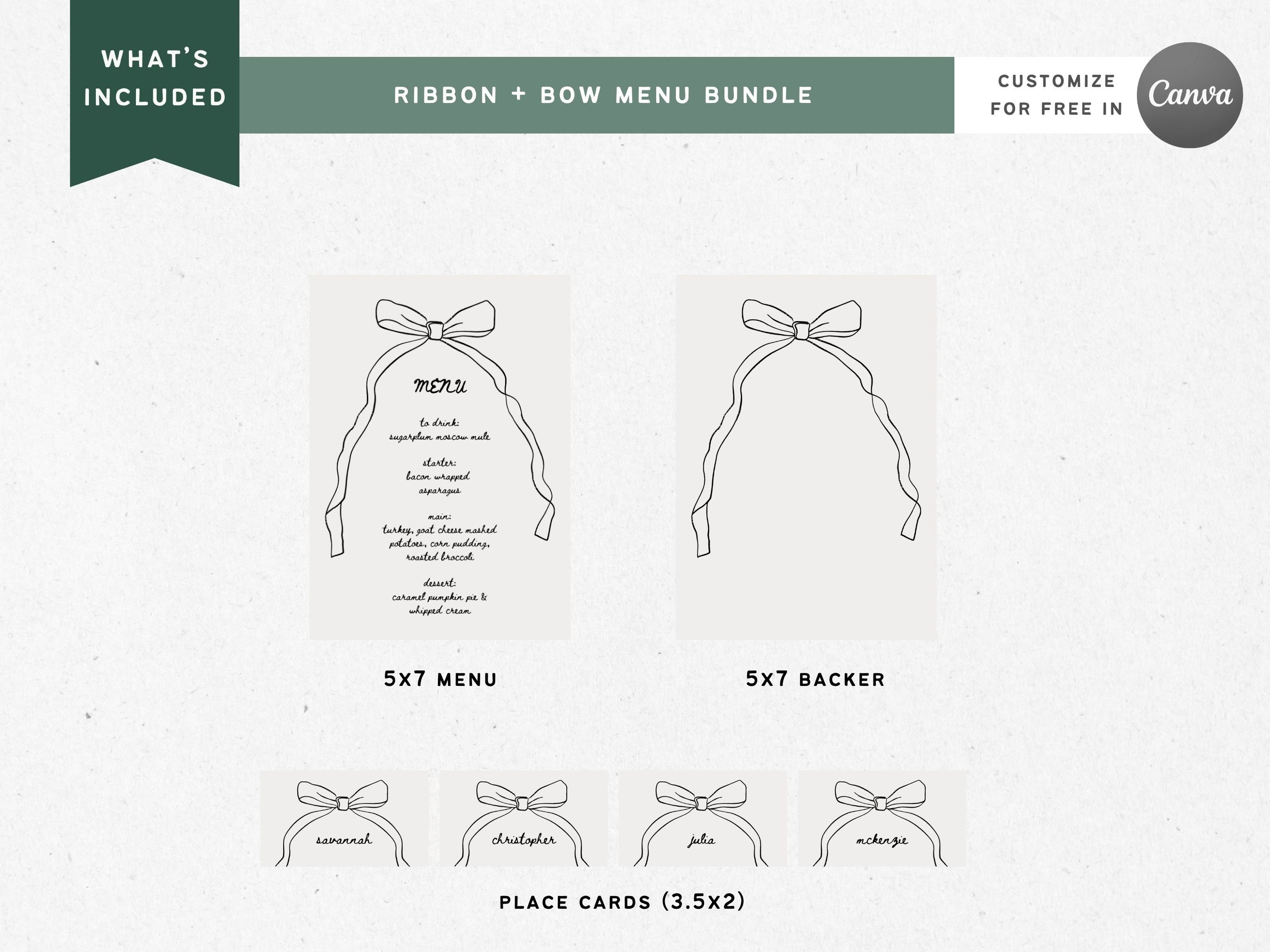 Ribbon Bow Menu & Placecard Template, DIY Dinner Party Invitation, Hand ...