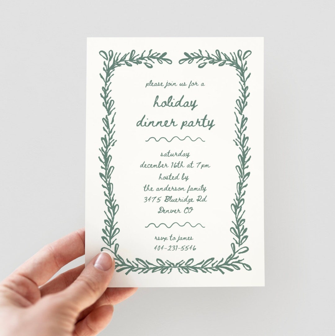 Green Garland Invitation Template, DIY Holiday Party Invitation, Hand ...