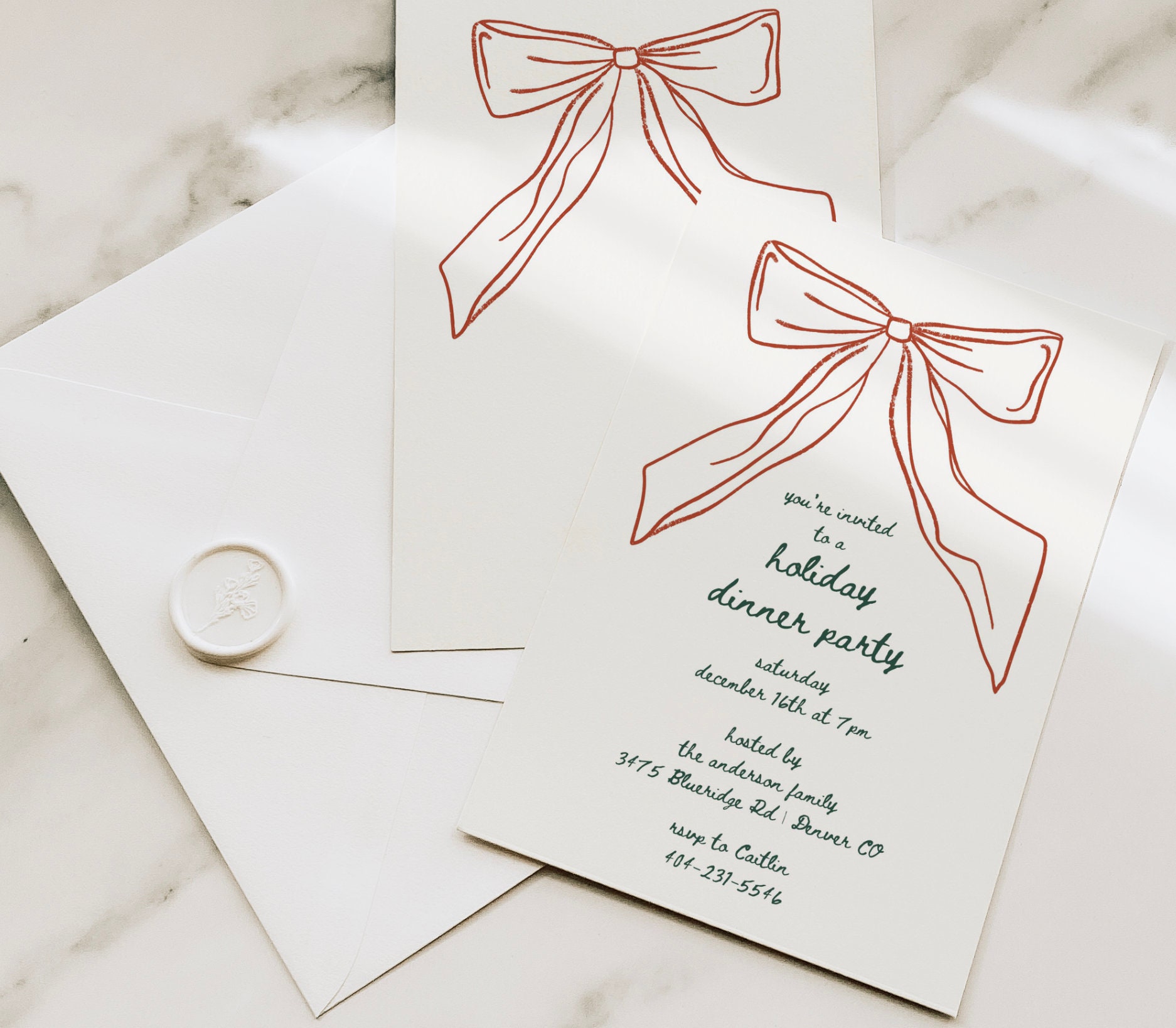 Big Bow Invitation Template, DIY Holiday Party Invitation, Hand-drawn ...