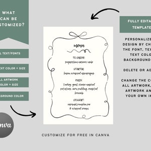 Ribbon Bow Menu & Placecard Template, DIY Dinner Party Invitation, Hand ...