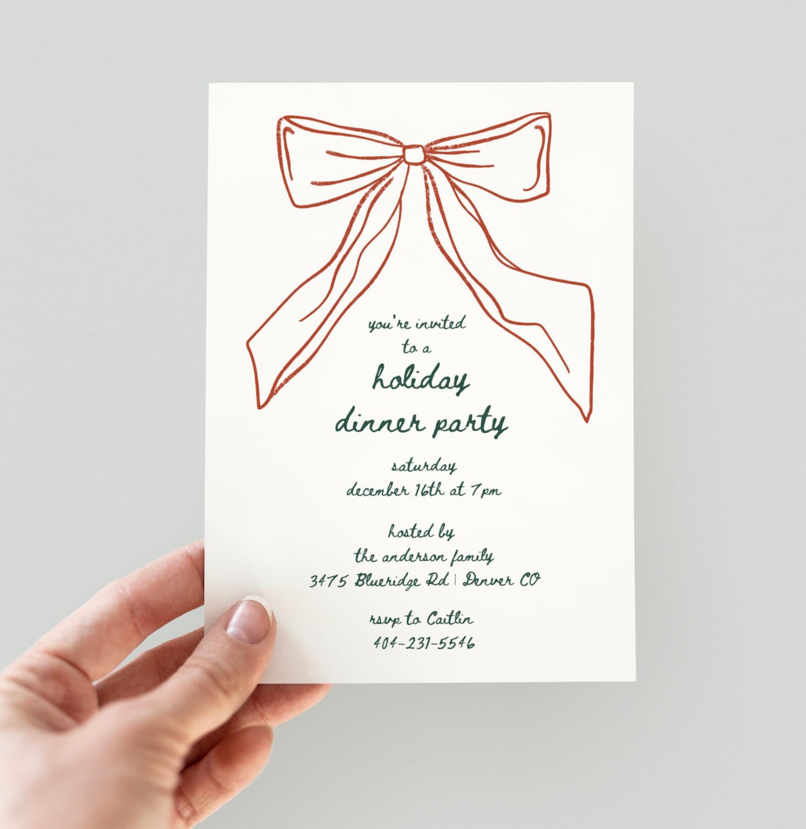 Big Bow Invitation Template, DIY Holiday Party Invitation, Hand-drawn ...