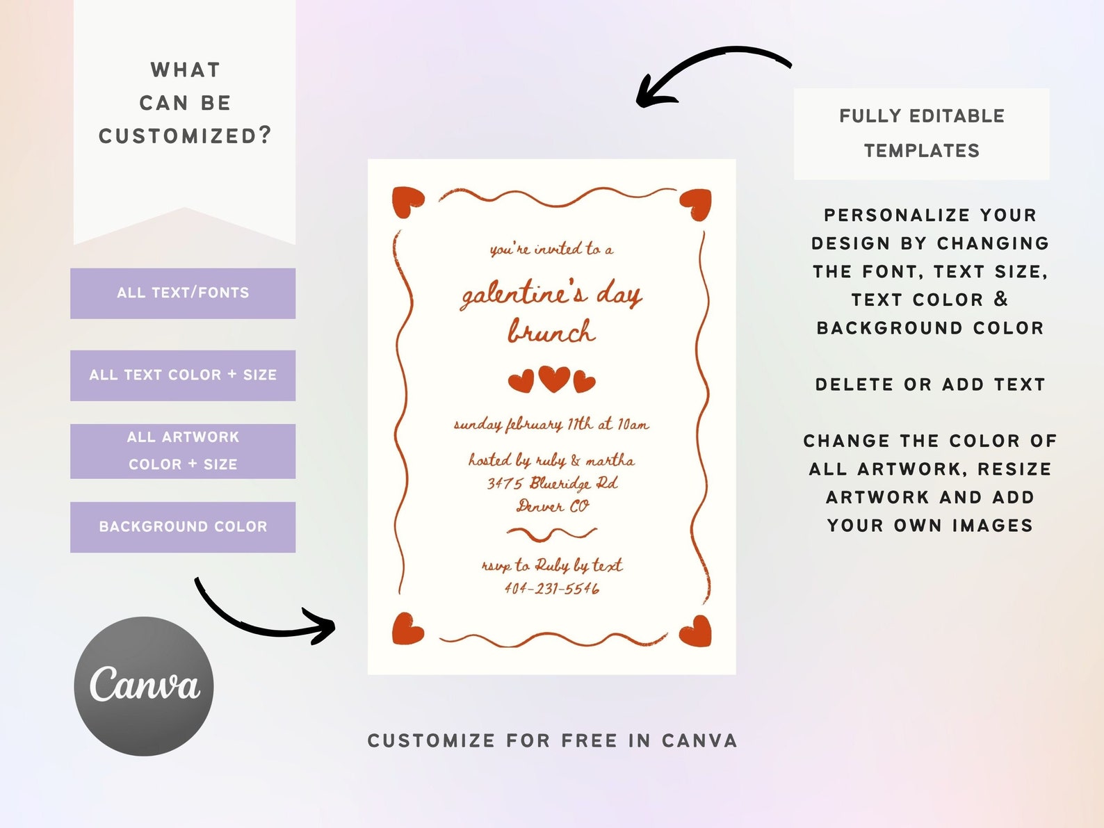 Galentine's Red Heart Invite Menu & Placecard Template, DIY Brunch ...