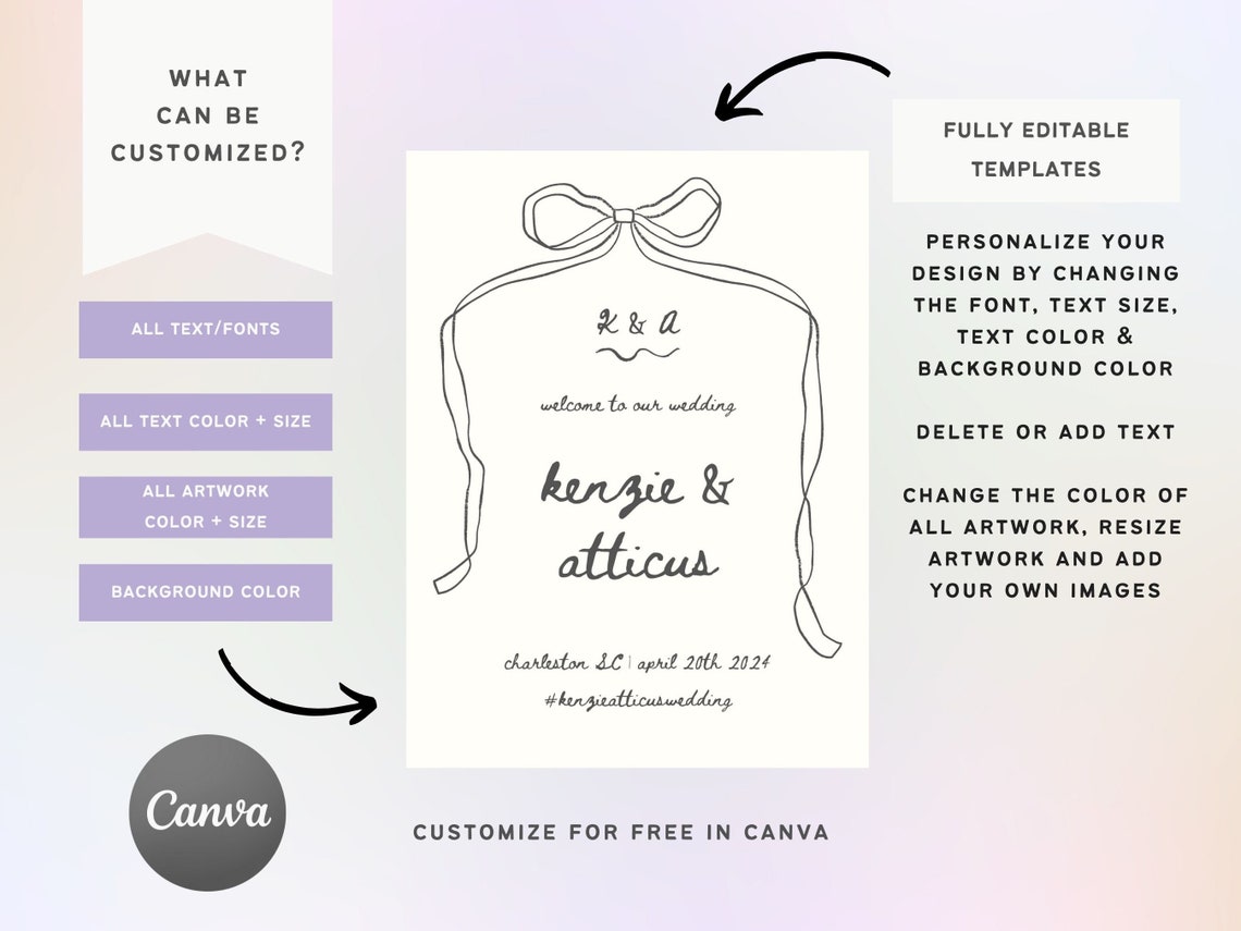 Welcome Party Sign Sweet Bow Ribbon Template, DIY Birthday Party Board ...