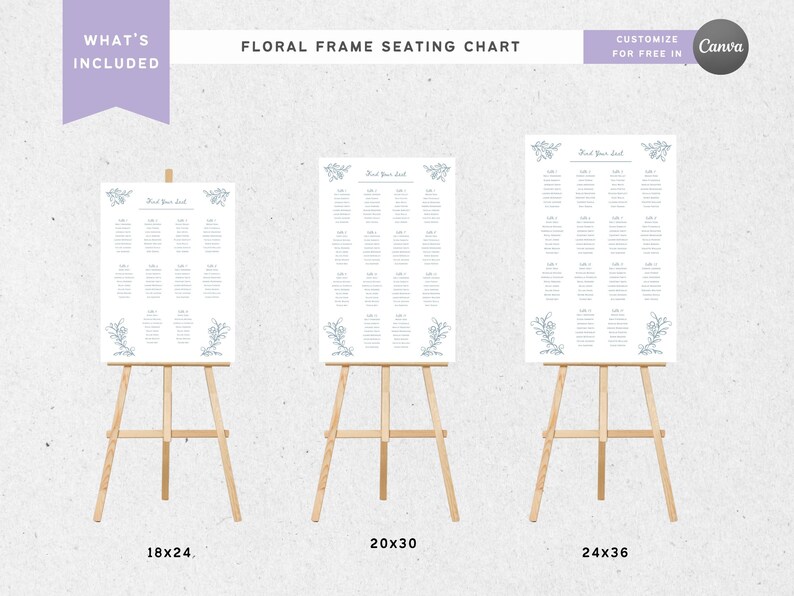 SEATING CHART Reception Signage Blue Floral Frame, Printable Wedding Table Plan, Editable Custom ...