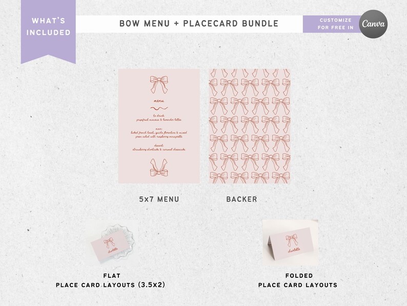 Galentine's Sweet Bow Menu & Placecard Template, DIY Pink Brunch Menu ...