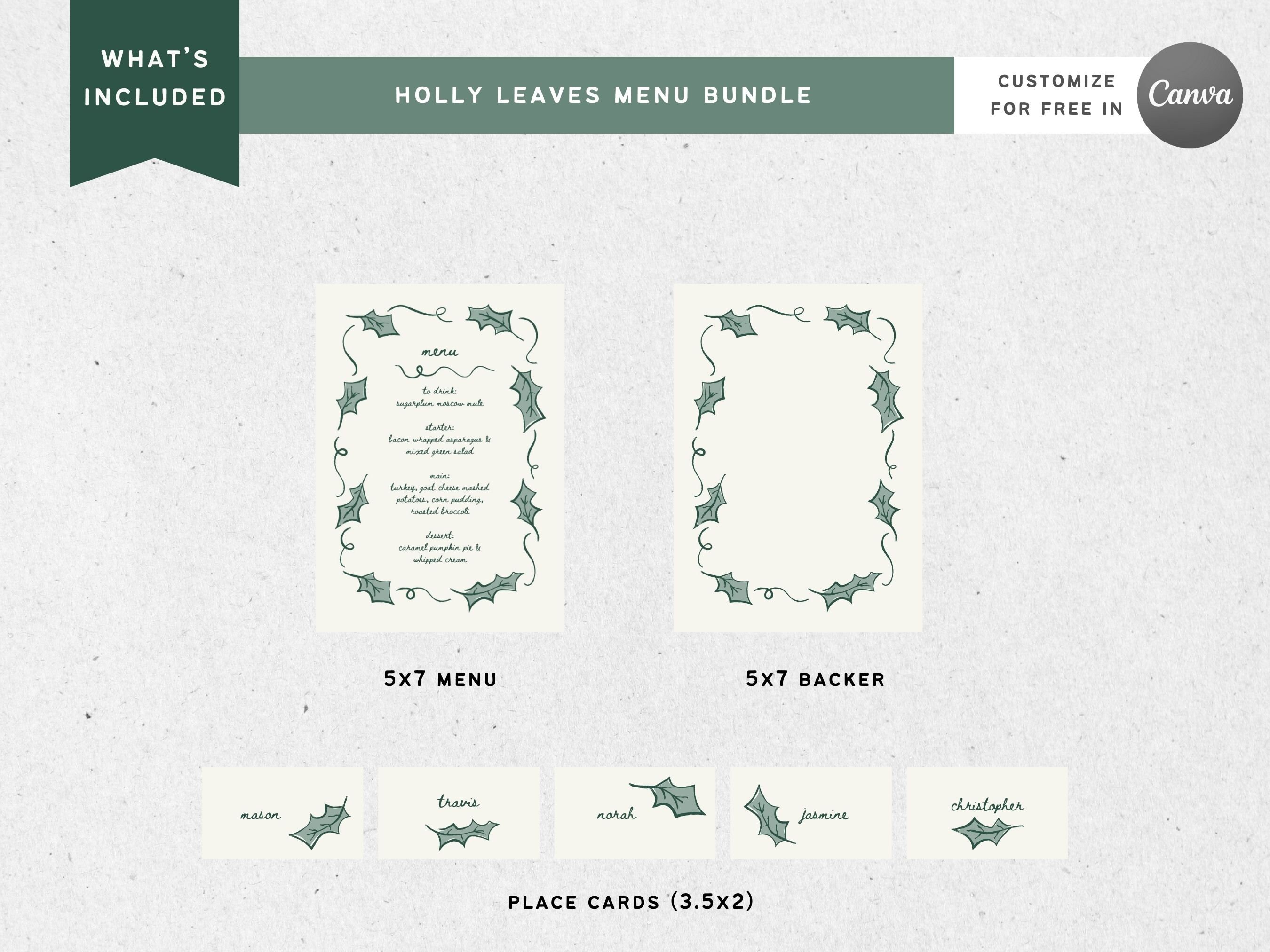 Holly Leaves Menu & Placecard Template, DIY Dinner Party Invitation ...