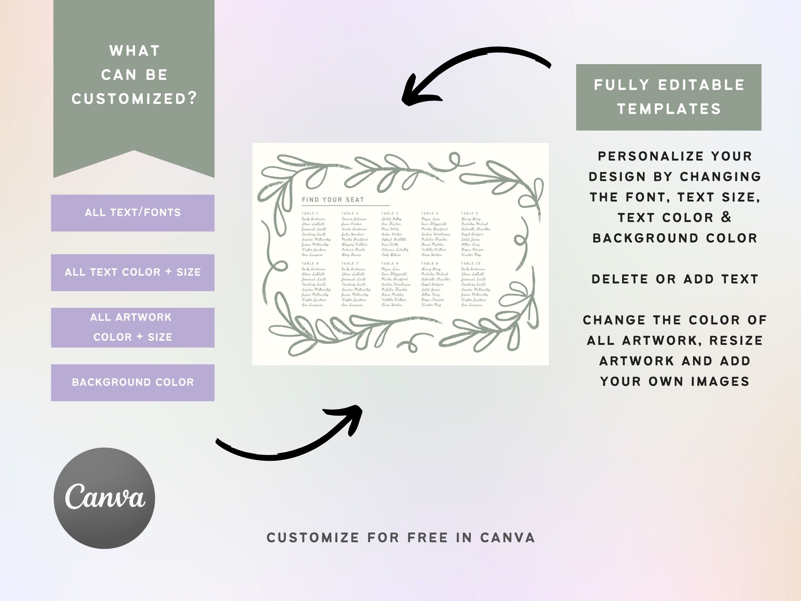 SEATING CHART Reception Signage Leafy Border, Printable Wedding Table ...