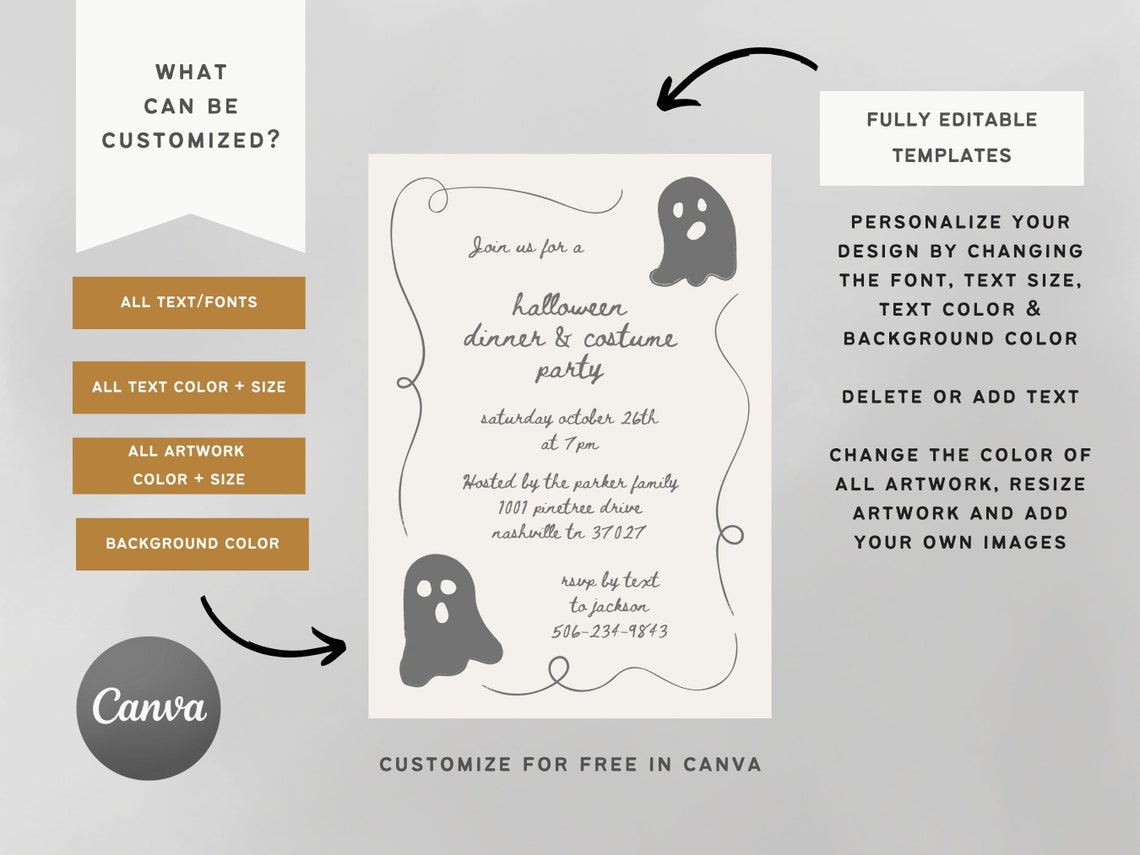 Swirly Minimal Ghost Invitation Template, Editable Dinner Party Invite ...
