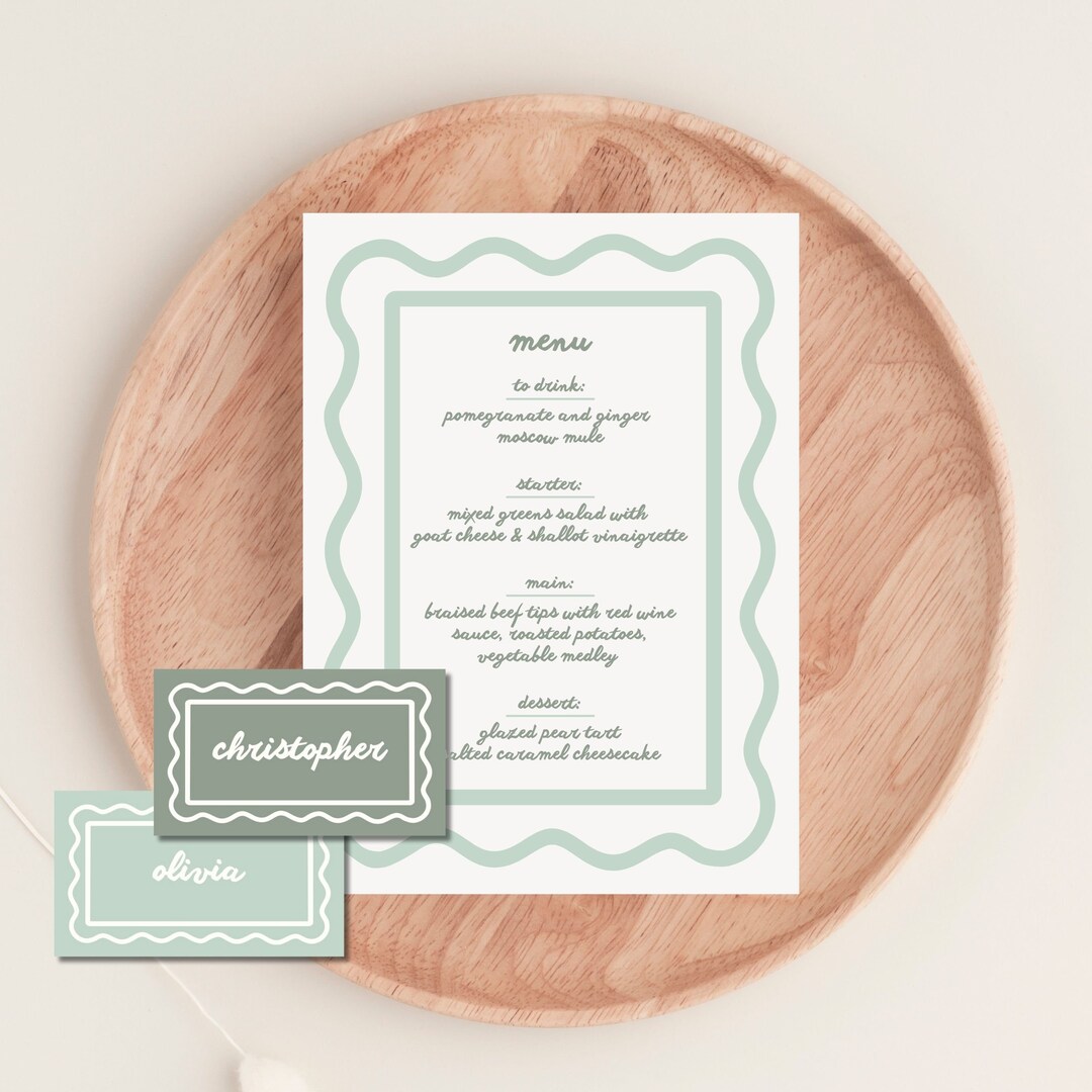 Menu + Place Cards Template, Simple Wave Border Dinner Party Menu ...