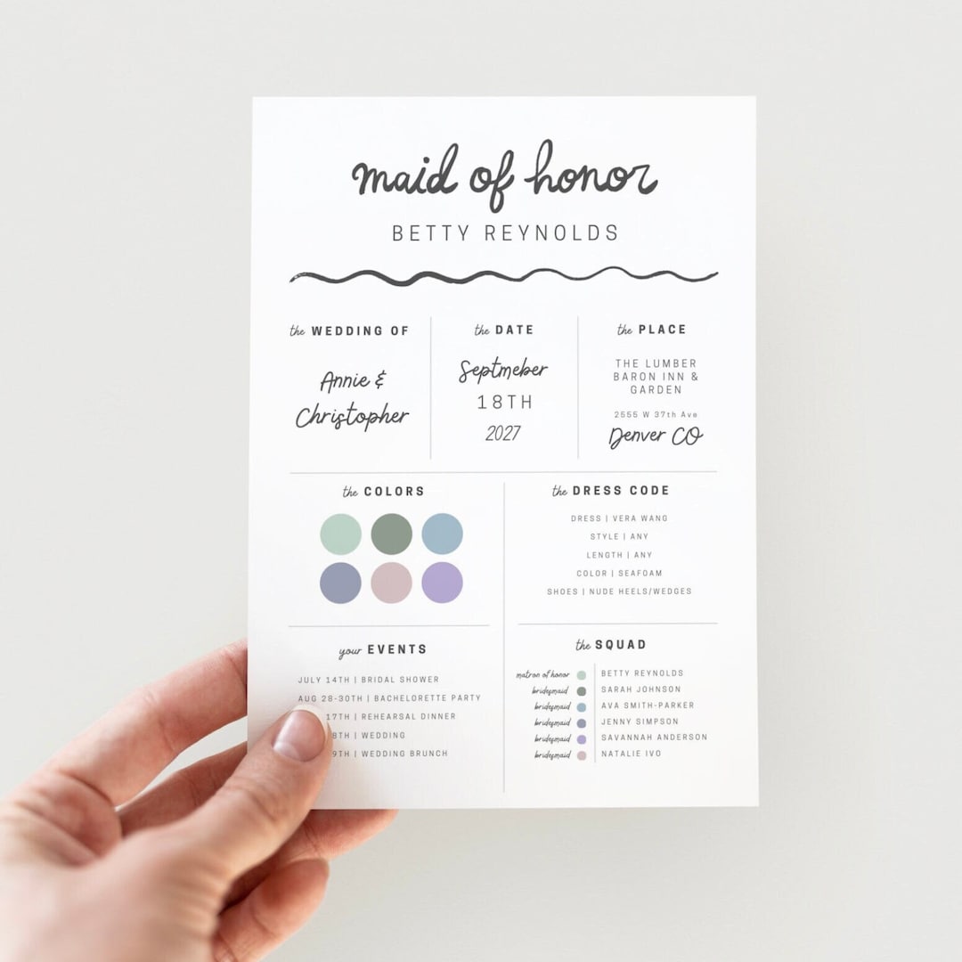 BRIDESMAID INFO CARDS, Editable Info Card Template, Digital Download ...