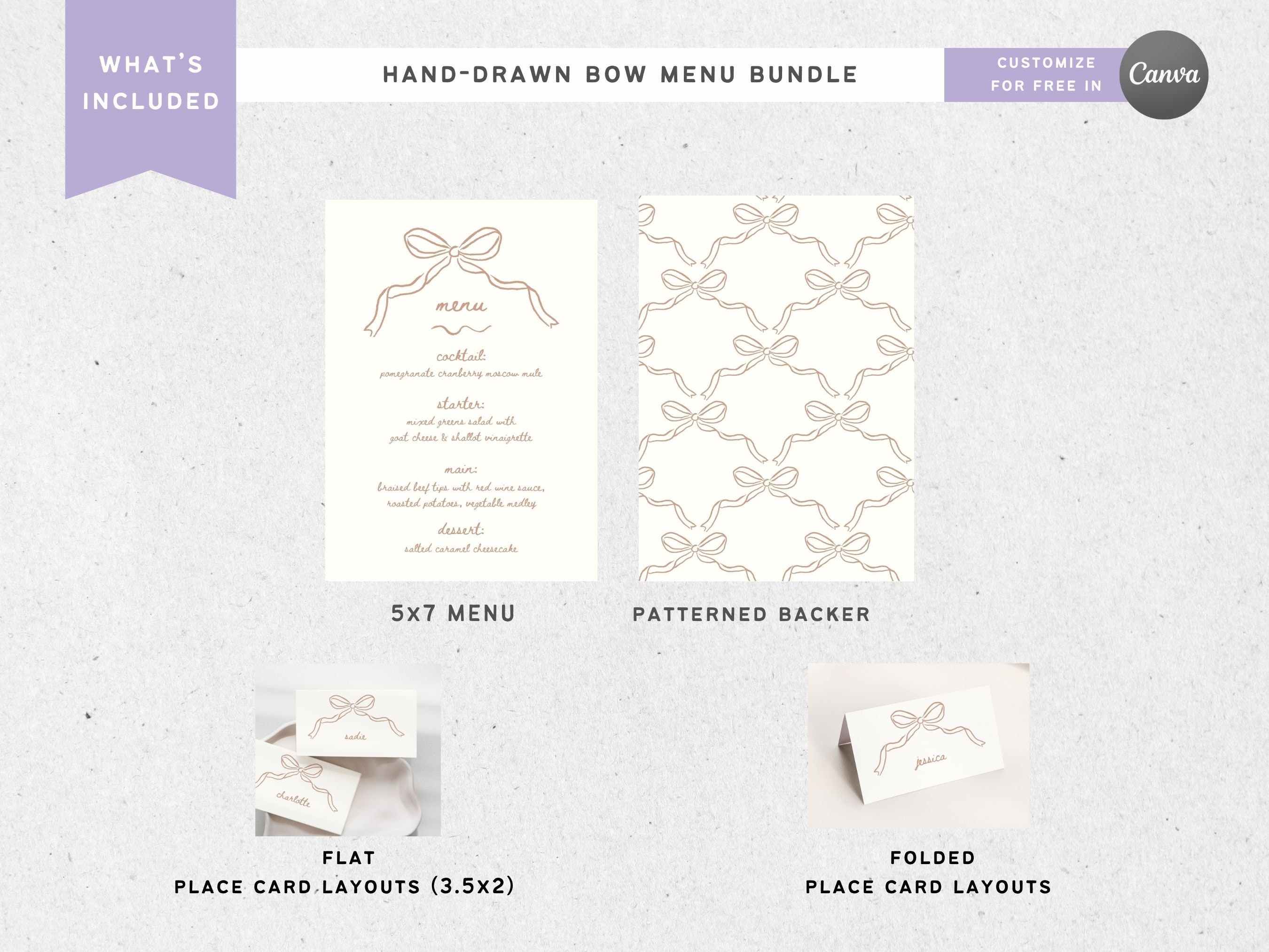 Hand-drawn Bow Menu & Placecard Template, DIY Bow Brunch Menu, Hand ...