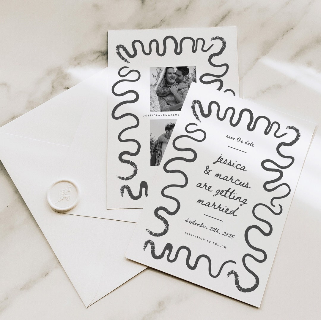 SAVE the DATE Wonky Waves Black and White, Hand Drawn Wavy Border ...