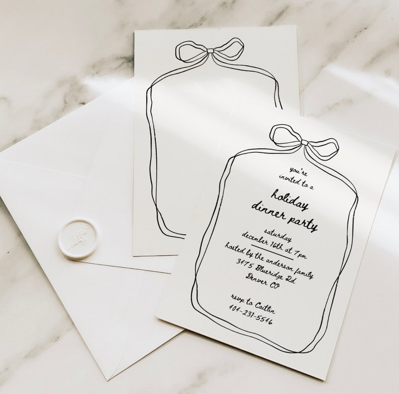 Ribbon Bow Invitation Template, DIY Holiday Party Invitation, Hand ...