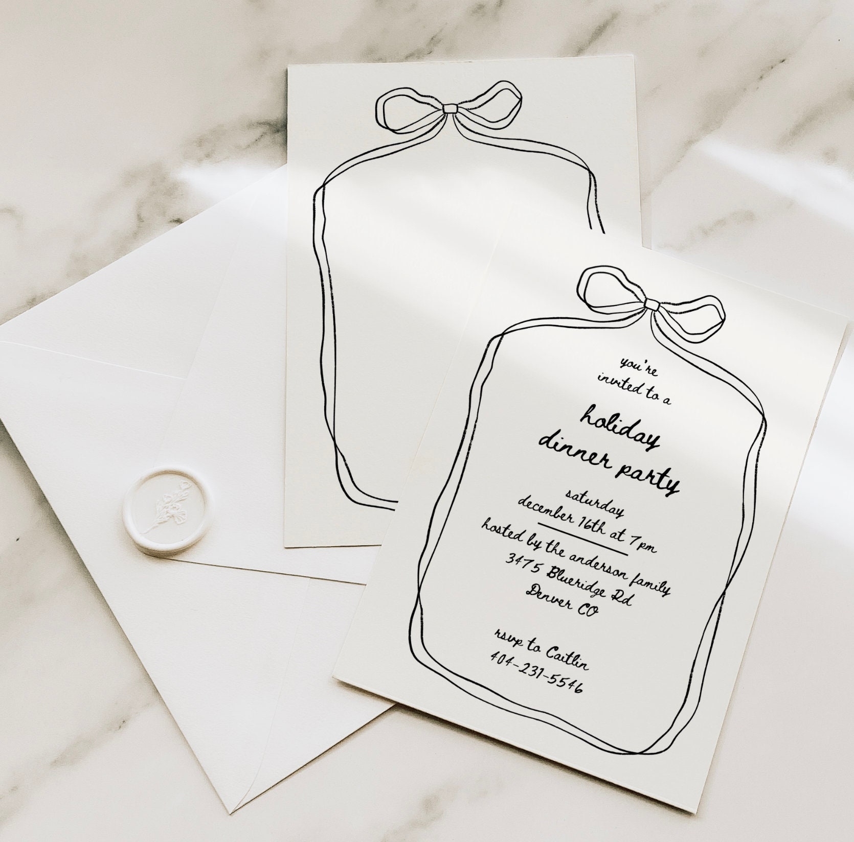 Ribbon Bow Invitation Template, DIY Holiday Party Invitation, Hand ...