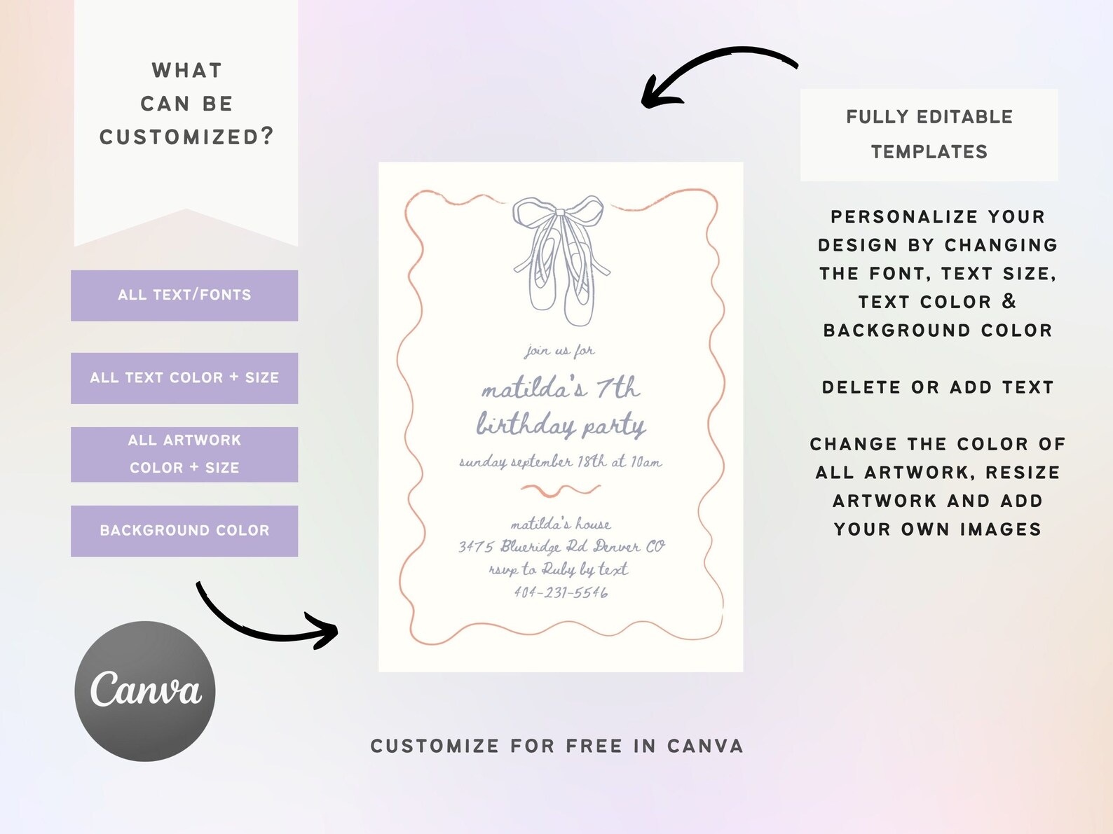 Hand-drawn Ballet Shoe Squiggle Invite Menu & Placecard Template, DIY ...