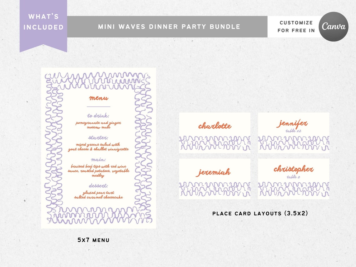 Hand Drawn Mini Wavy Border Dinner Party Menu, Rehearsal Dinner Menu ...