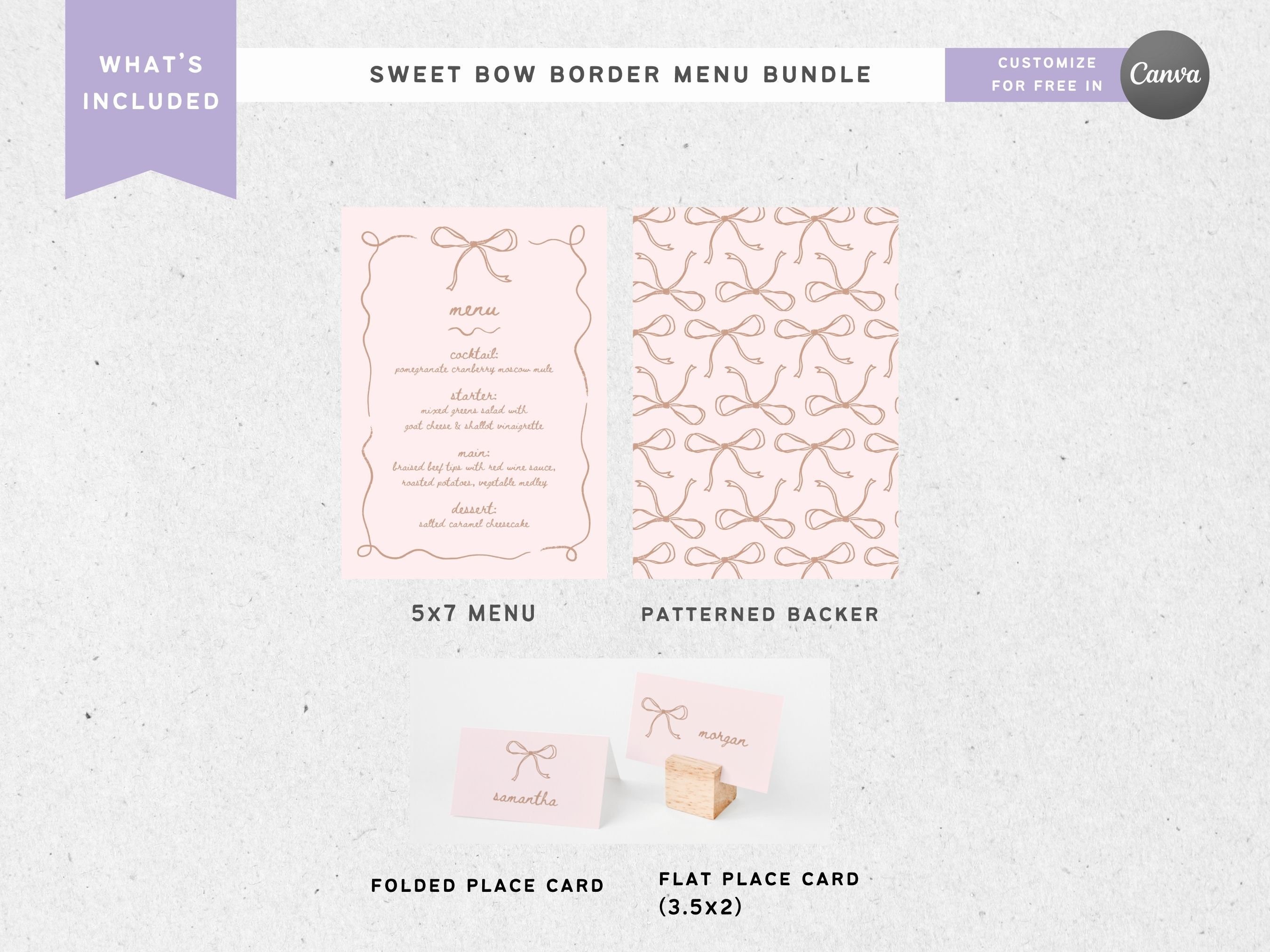 Sweet Bow Menu & Placecard Template, DIY Bow Brunch Menu, Wedding Menu ...