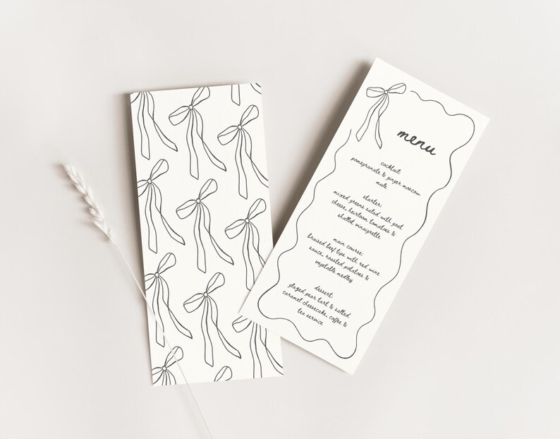 Wedding Reception Menu & Placecard Template: Ribbon Bow, Minimalist ...