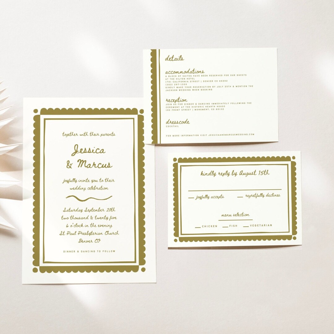 WEDDING INVITATION Suite - Simple Scallop Invite With RSVP & Details Card, Vintage Inspired ...