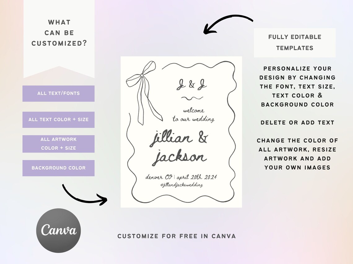 Welcome Party Sign Squiggle Bow Template, DIY Birthday Party Board ...