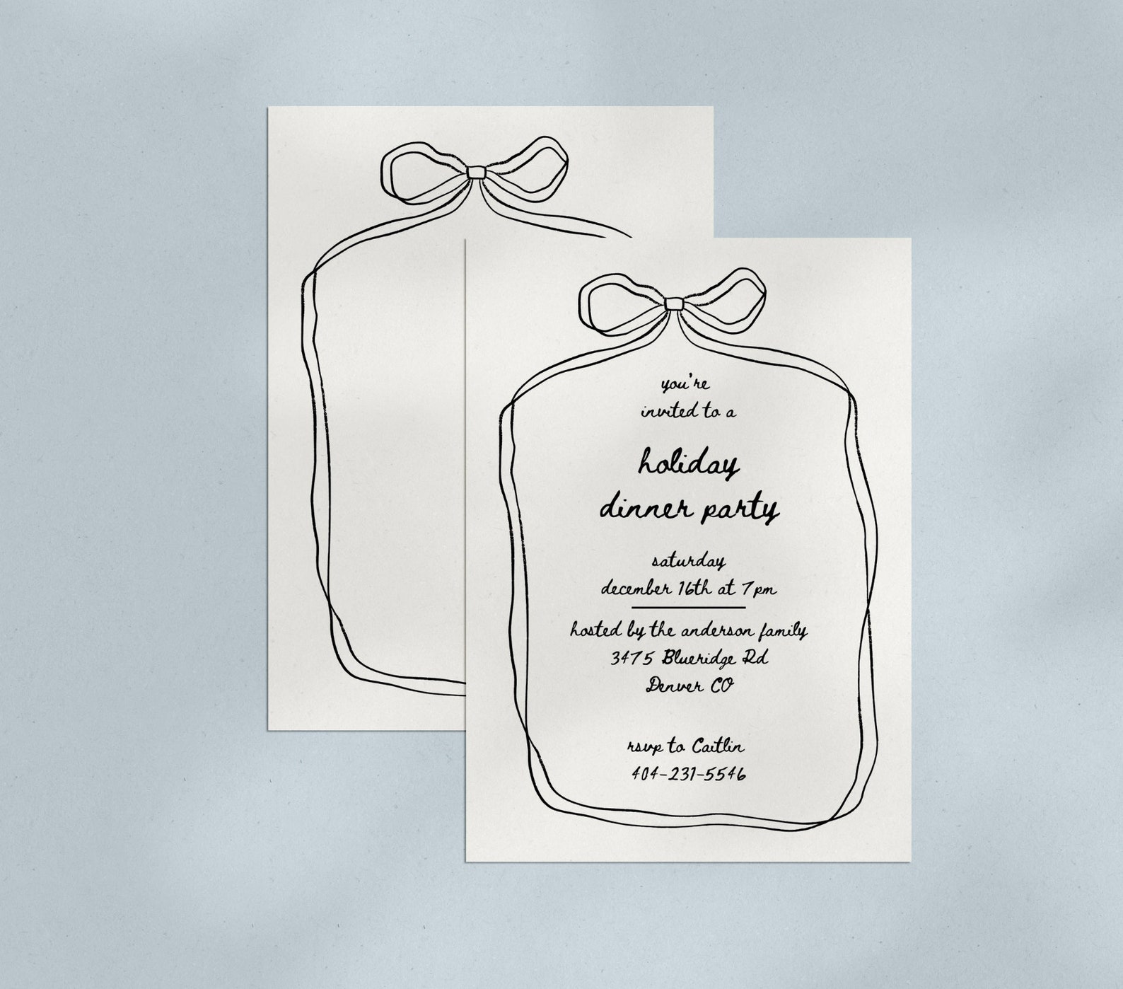 Ribbon Bow Invitation Template, DIY Holiday Party Invitation, Hand ...