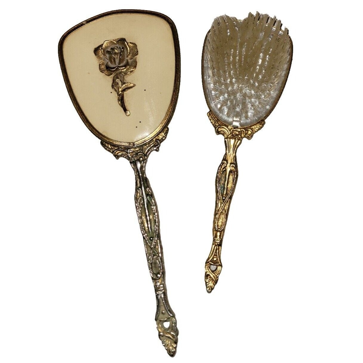 Vintage Roses Hand Held Mirror & Brush Set 24k Gold Plated Stylebuilt ...