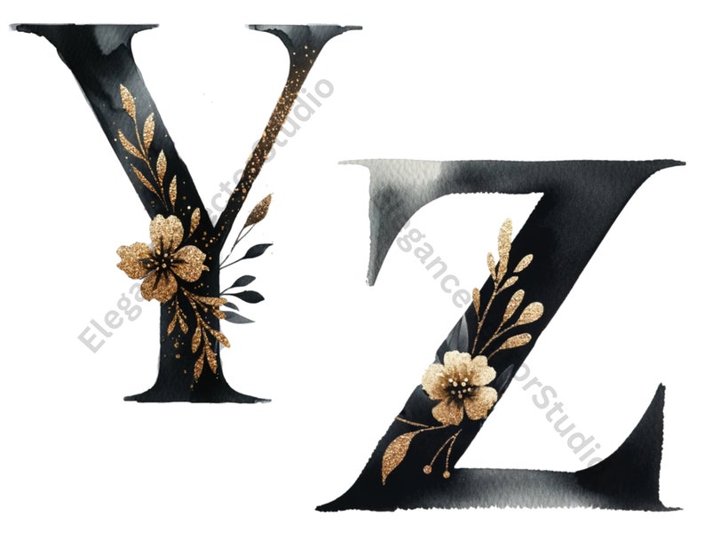 Black and Gold Floral Alphabet Clipart: PNG Monogram (digital Download ...