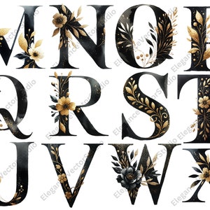 Black and Gold Floral Alphabet Clipart: PNG Monogram (digital Download ...