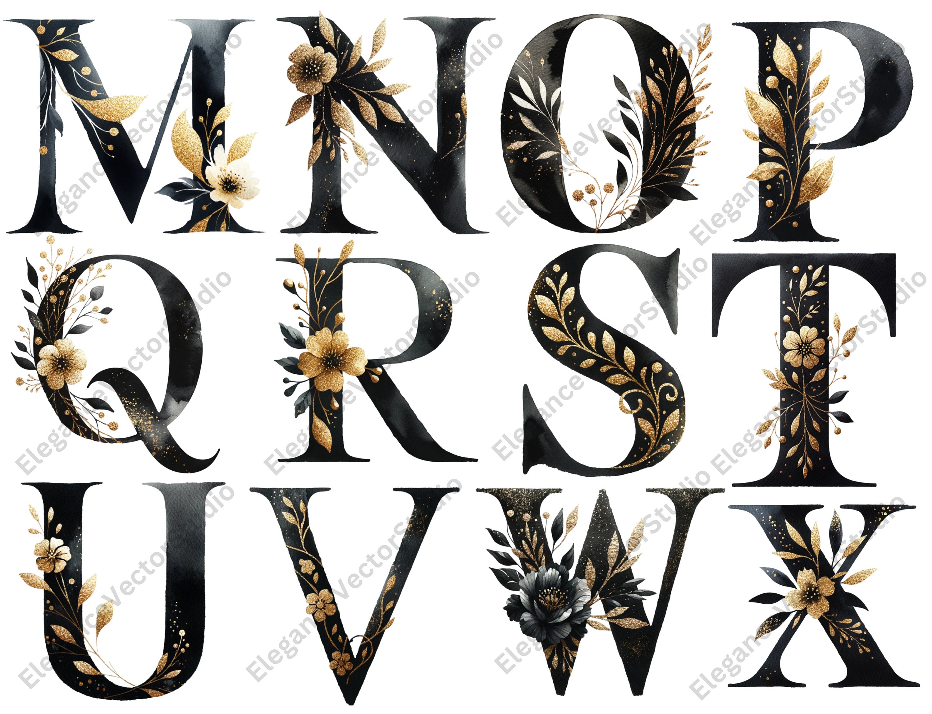 Black and Gold Floral Alphabet Clipart PNG, Glitter Alphabet ...