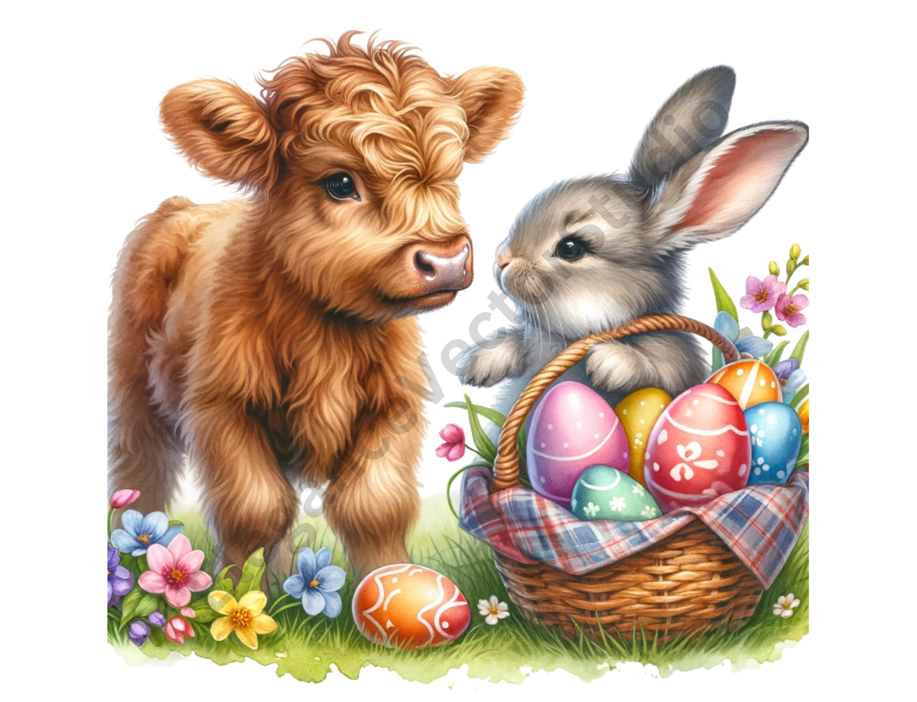 Easter Highland Cow Clipart, Easter Bunny Png, Easter Watercolor Baby ...