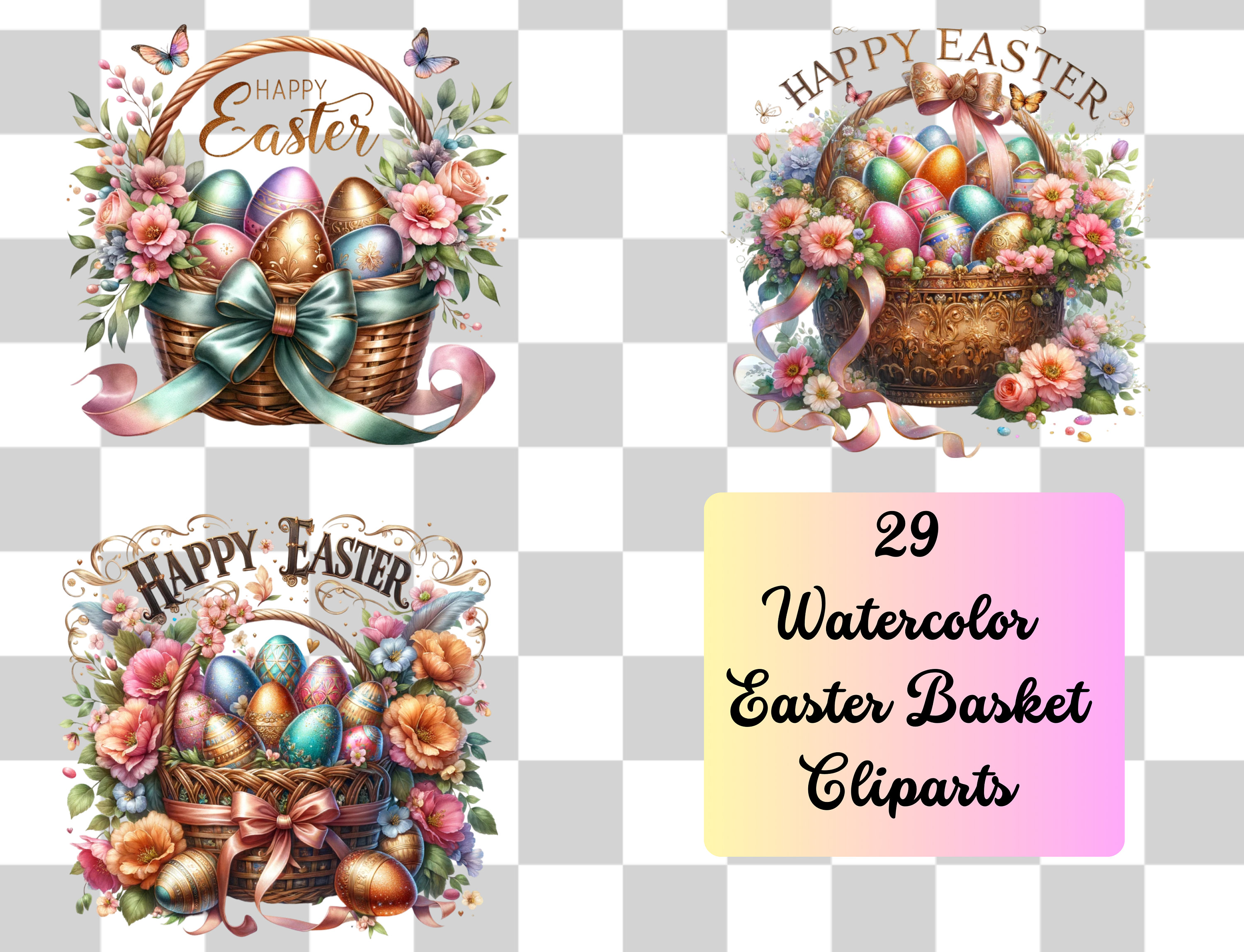 Watercolor Easter Basket Clipart, Easter Clipart Set, Watercolor Easter ...