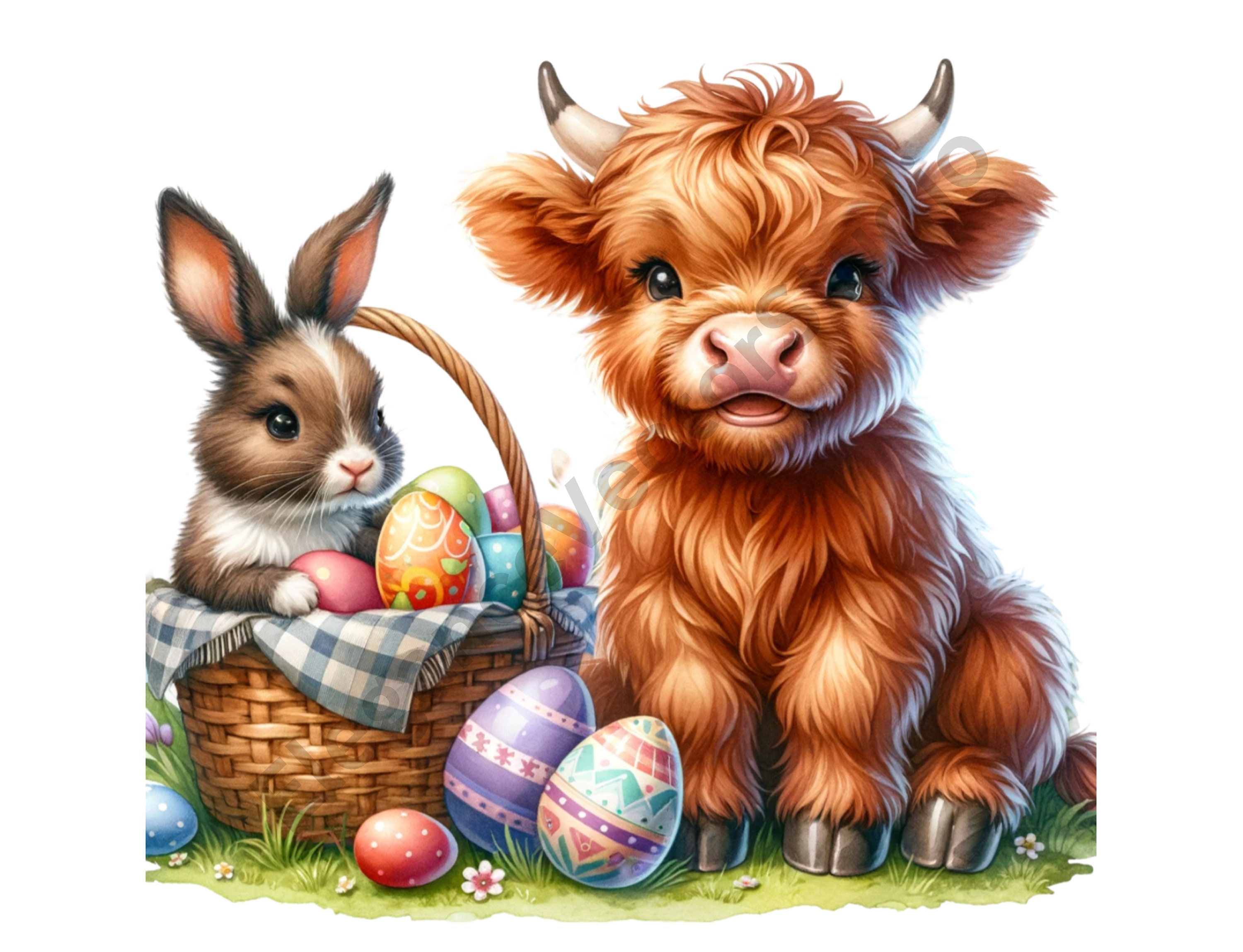 Easter Highland Cow Clipart, Easter Bunny Png, Easter Watercolor Baby ...