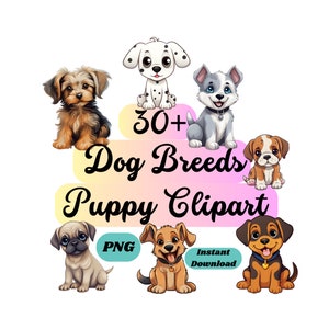 Puppies Clipart Bundle, 30 Dog Breeds Clipart Bundle, Puppy Dog Clipart ...
