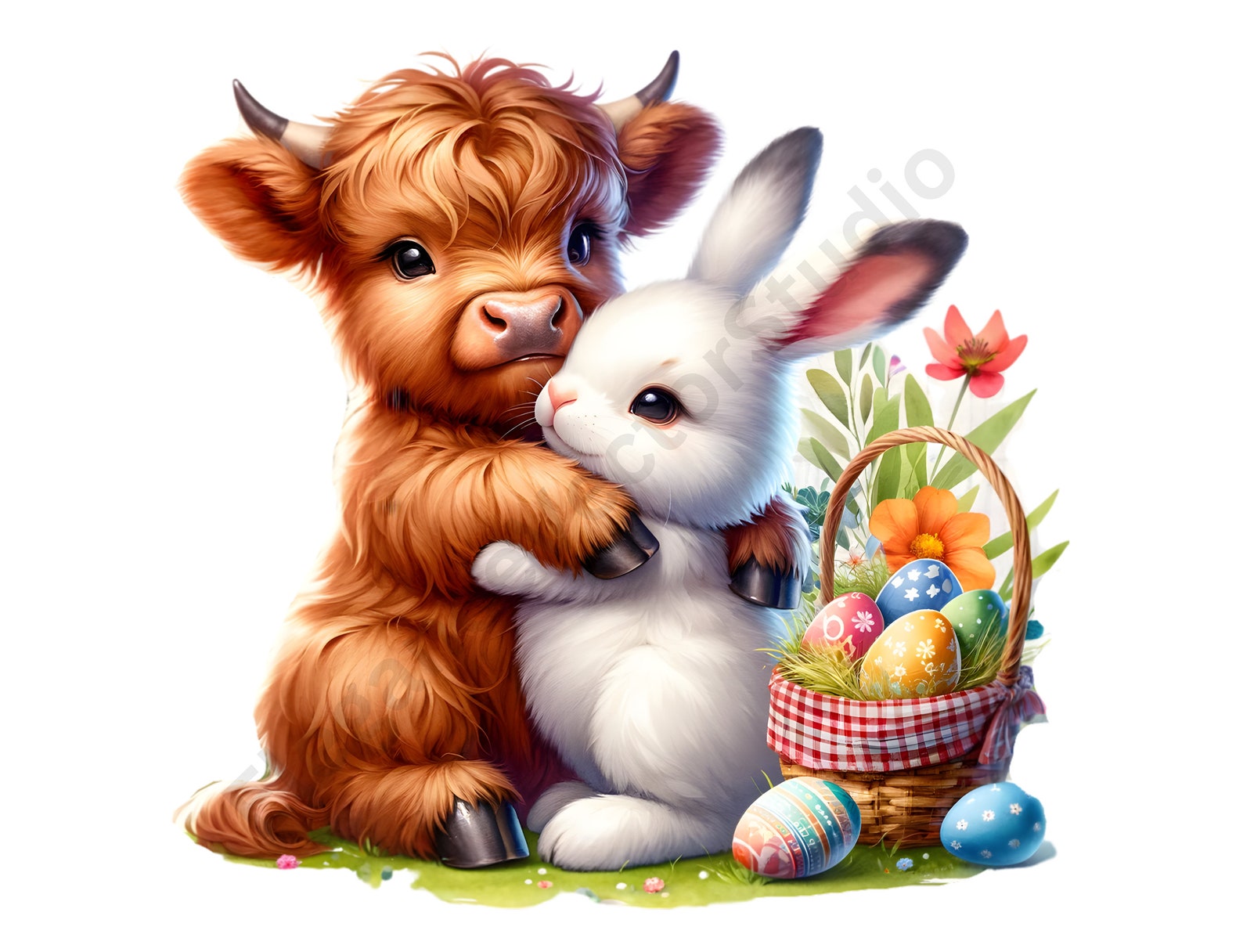 Easter Baby Highland Cow Clipart, Easter Bunny PNG, Easter Highlandcow ...
