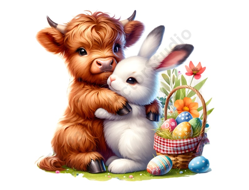 Easter Baby Highland Cow & Bunny Clipart: PNG Bundle (digital Download ...