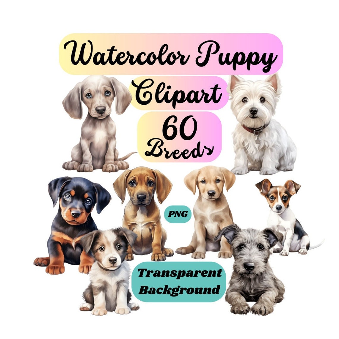 Watercolor Puppy Clipart, 60 Dog Breeds Clipart Bundle, Dog Cub Clipart ...