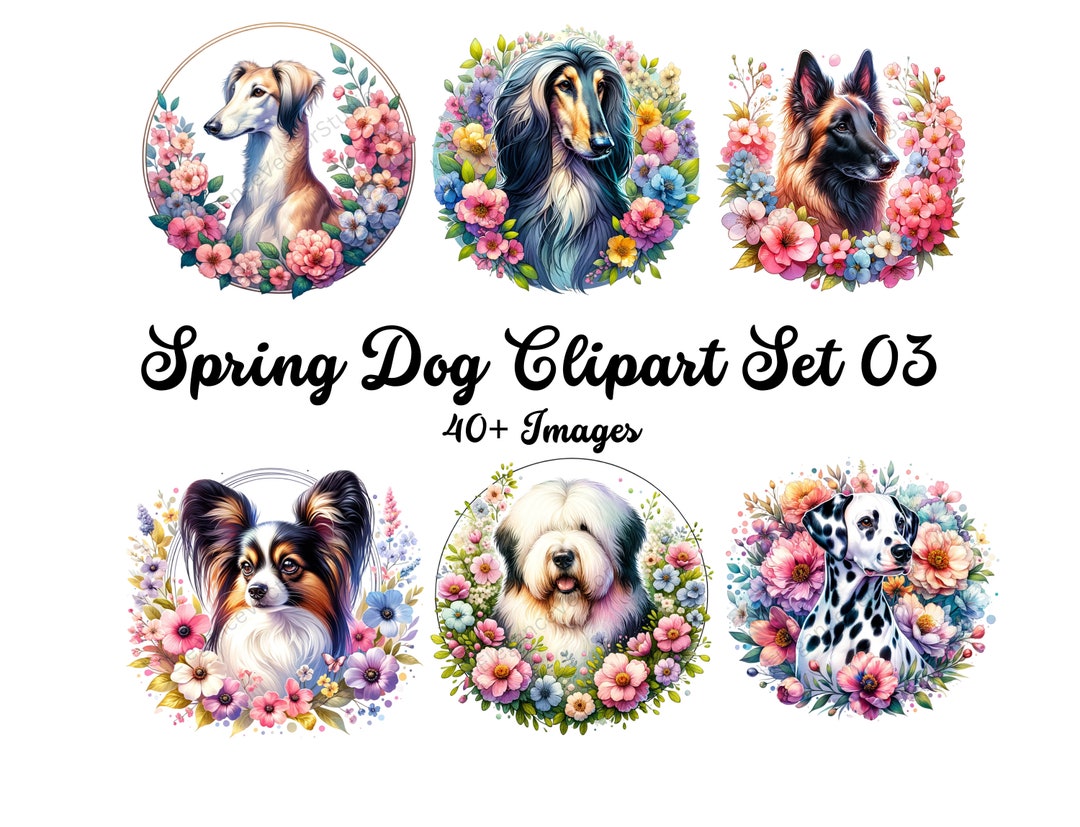 Flower Dog Clipart Bundle - Dog Spring Design, Watercolor Dog Breeds ...