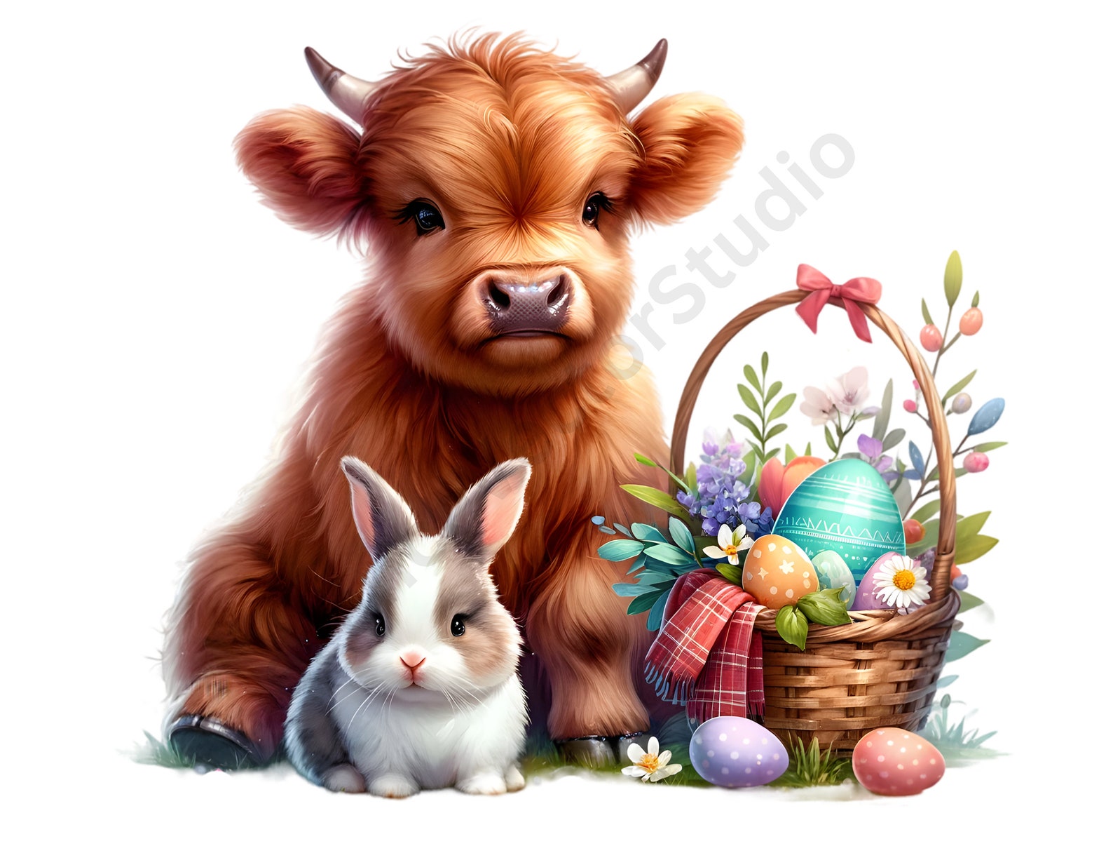 Easter Baby Highland Cow Clipart, Easter Bunny PNG, Easter Highlandcow ...
