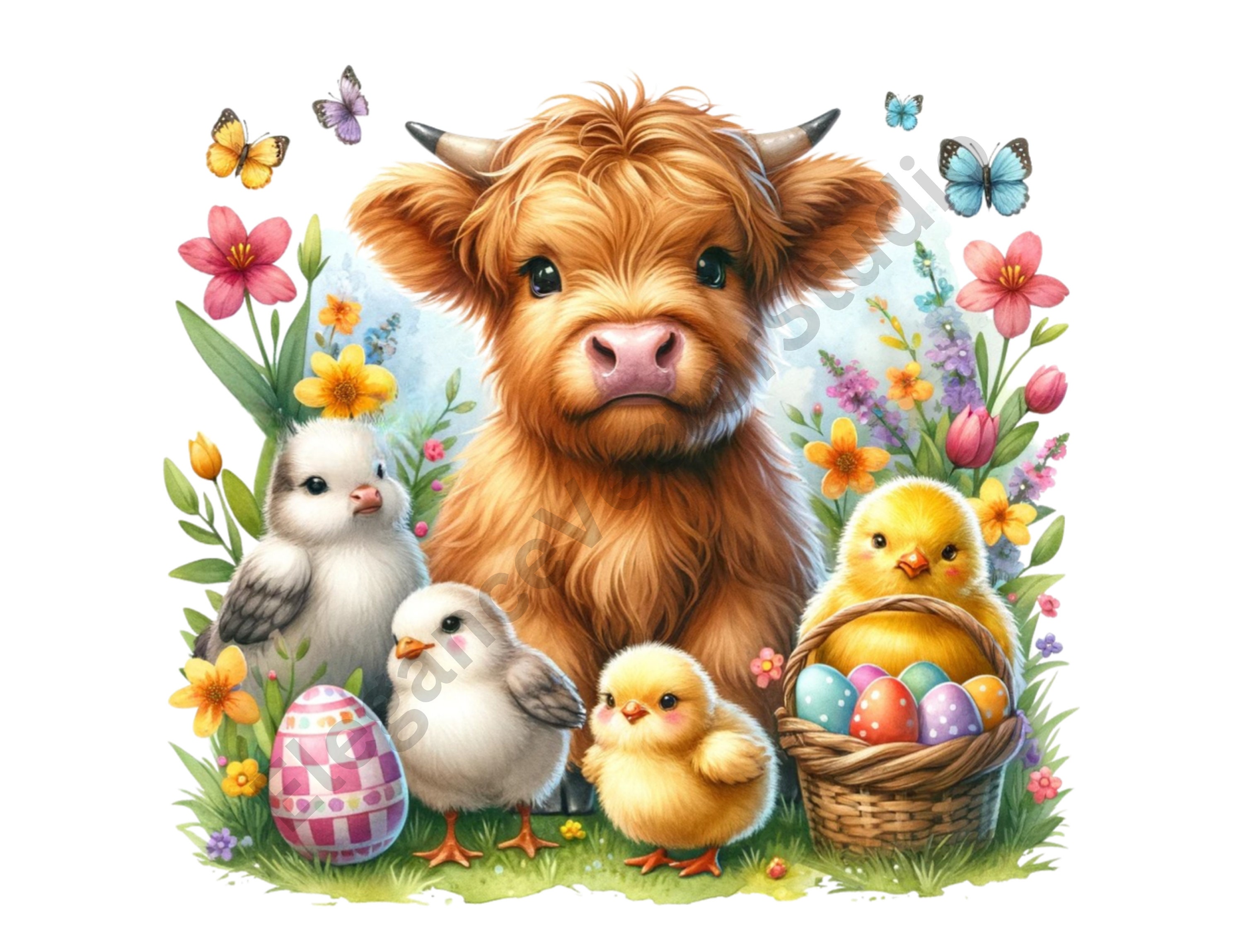 Easter Highland Cow Clipart, Easter Bunny Png, Easter Watercolor Baby ...