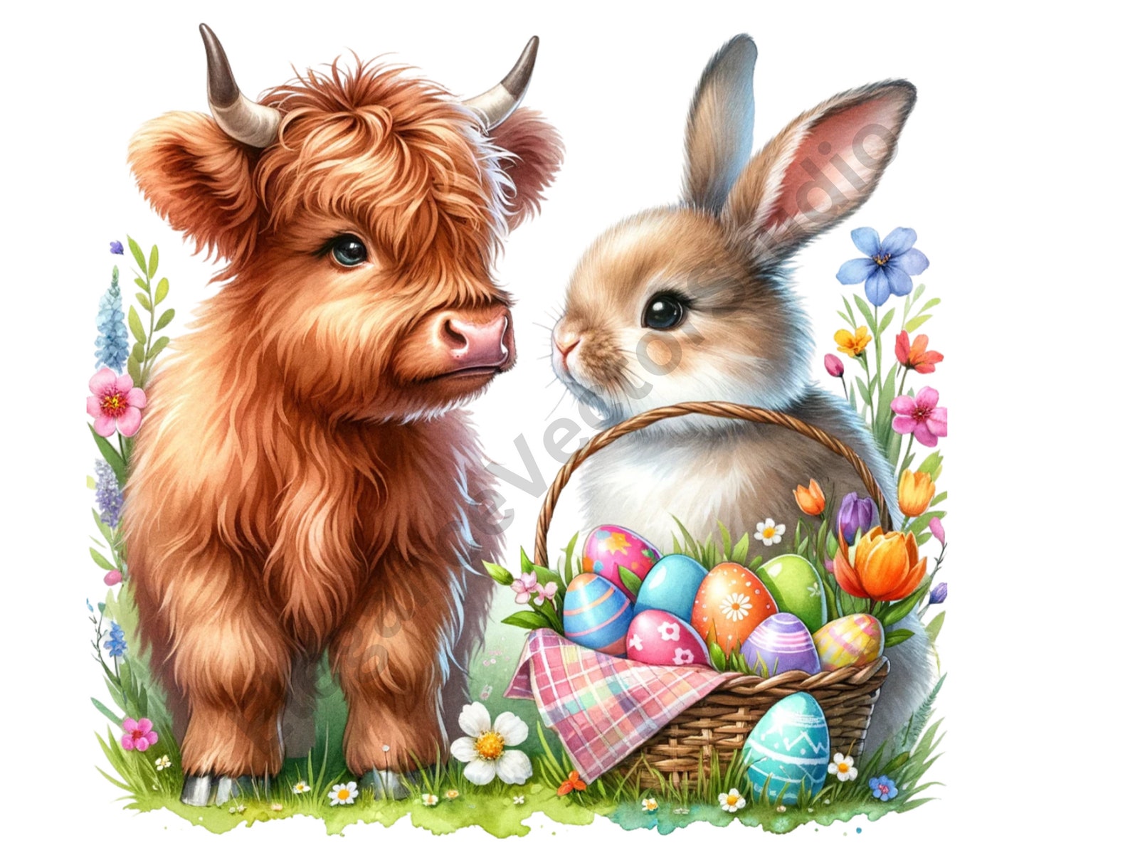 Easter Highland Cow Clipart, Easter Bunny Png, Easter Watercolor Baby ...