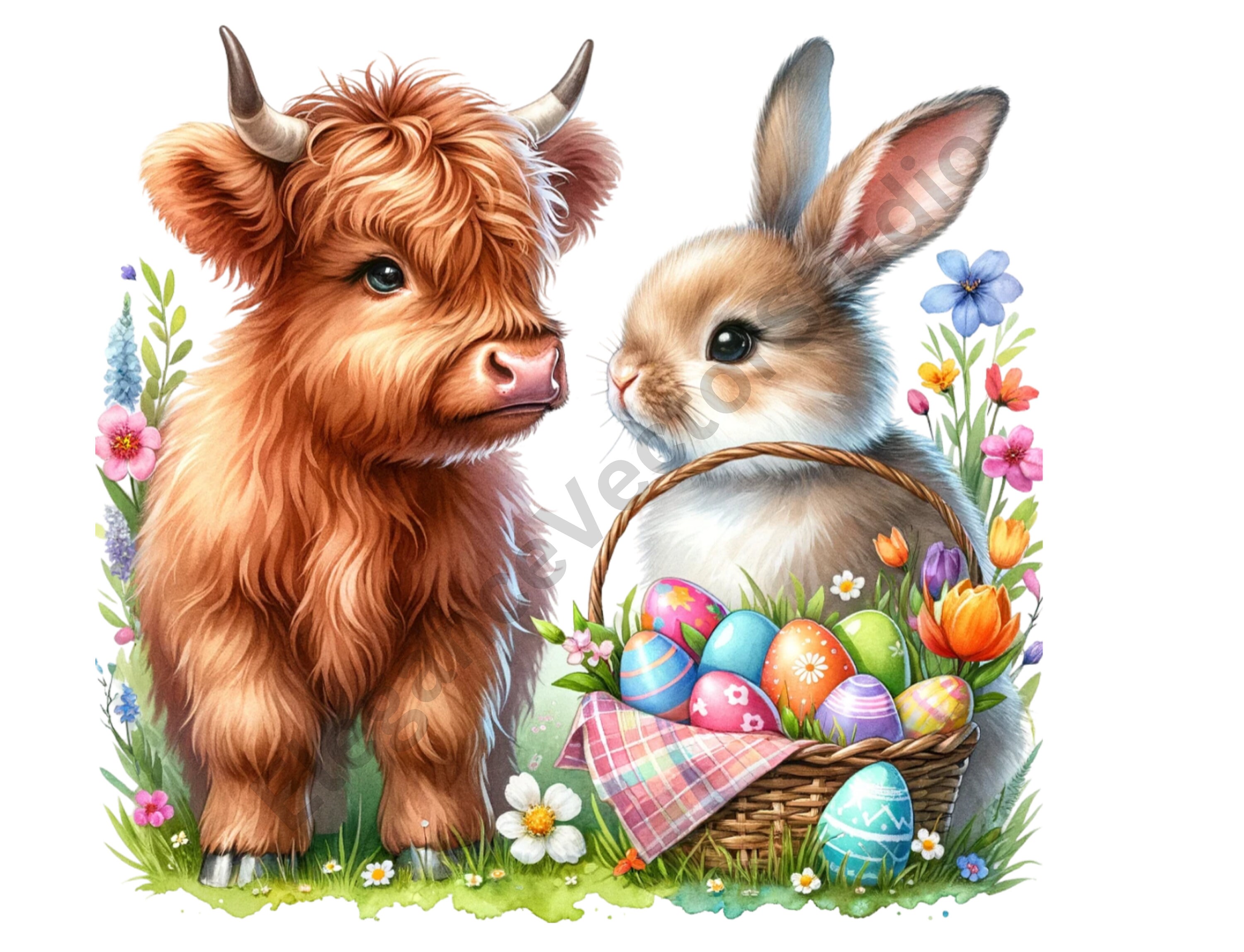 Easter Highland Cow Clipart: Watercolor Bunny PNG (digital Download) - Etsy