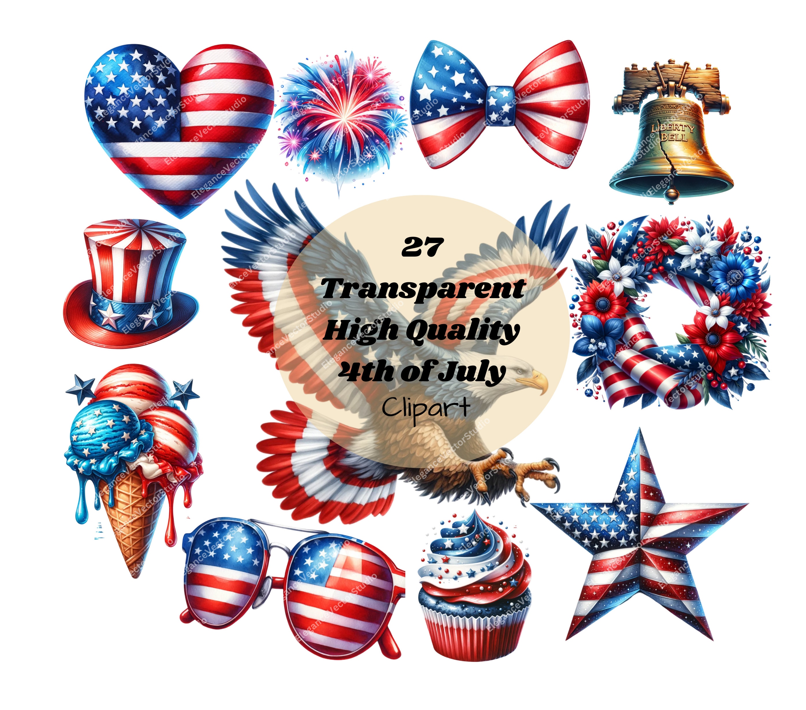 4th of July Clipart Bundle, Patriotic Decor Bundle, Patriotic Wreath ...