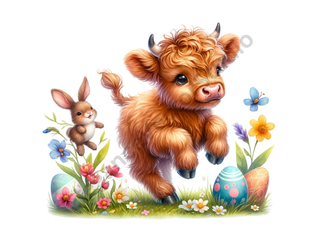 Easter Highland Cow Clipart, Easter Bunny Png, Easter Watercolor Baby ...