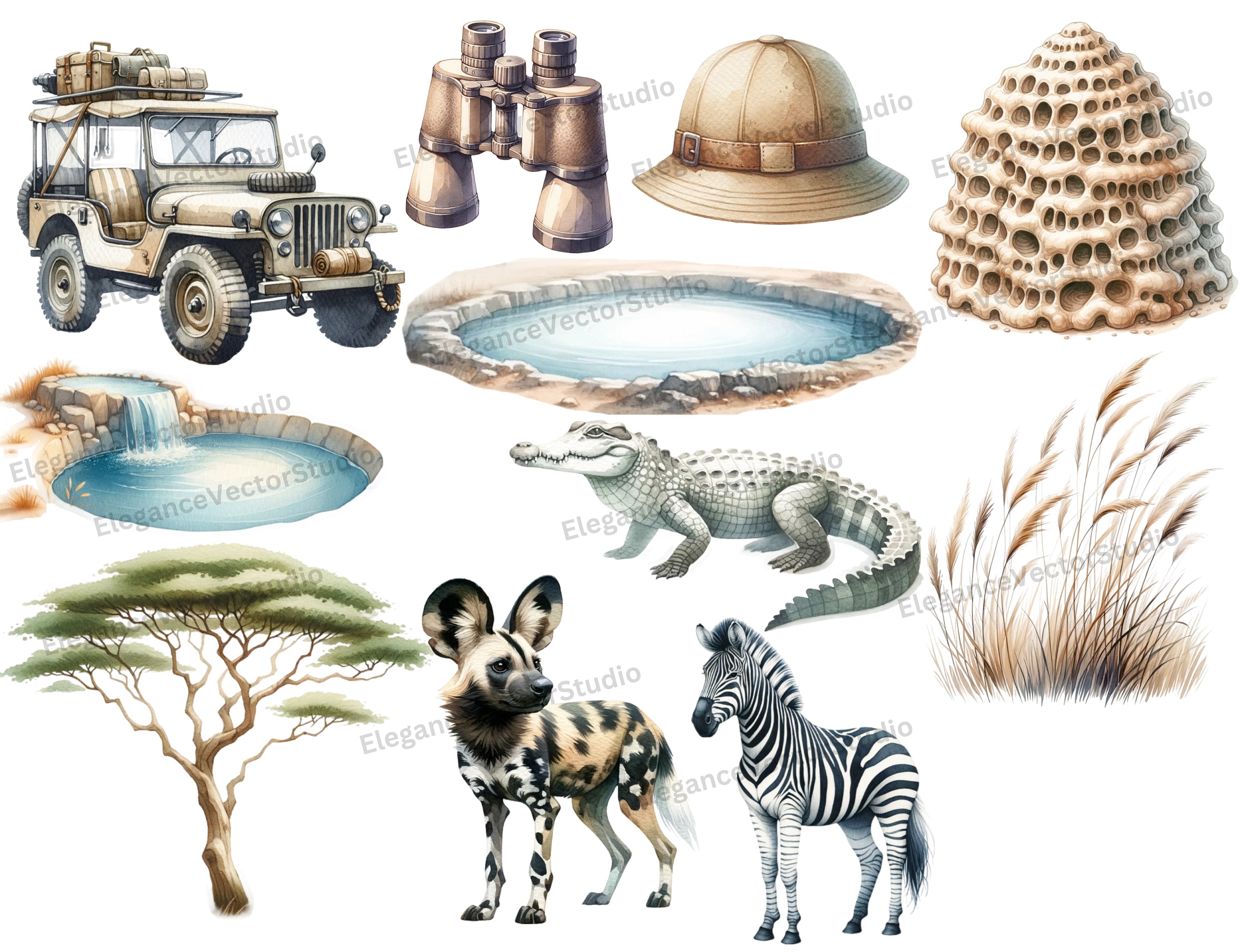 Watercolor Safari Clipart Bundle, Safari Adult DIY Elements, Set of 45 ...
