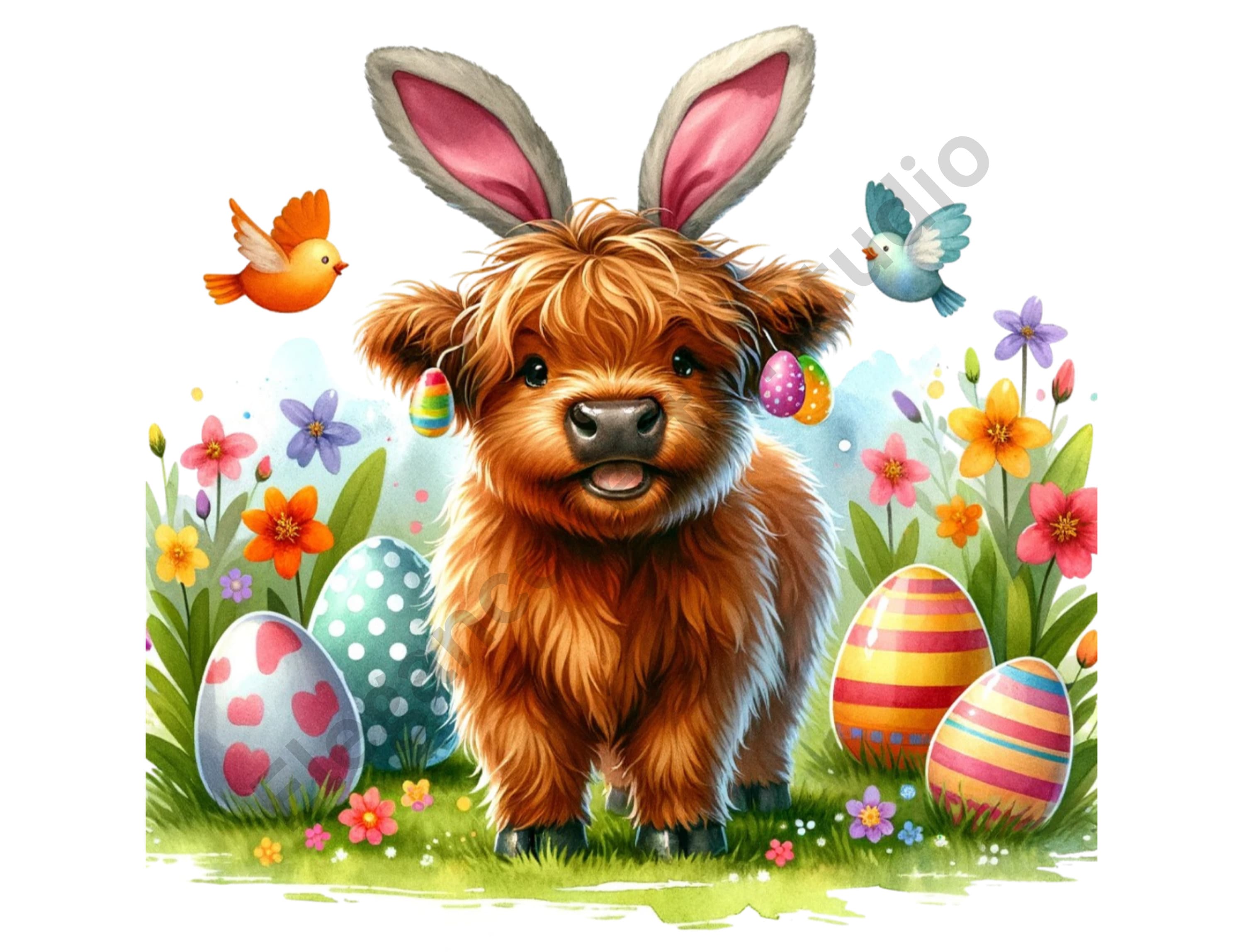 Easter Highland Cow Clipart, Easter Bunny Png, Easter Watercolor Baby ...