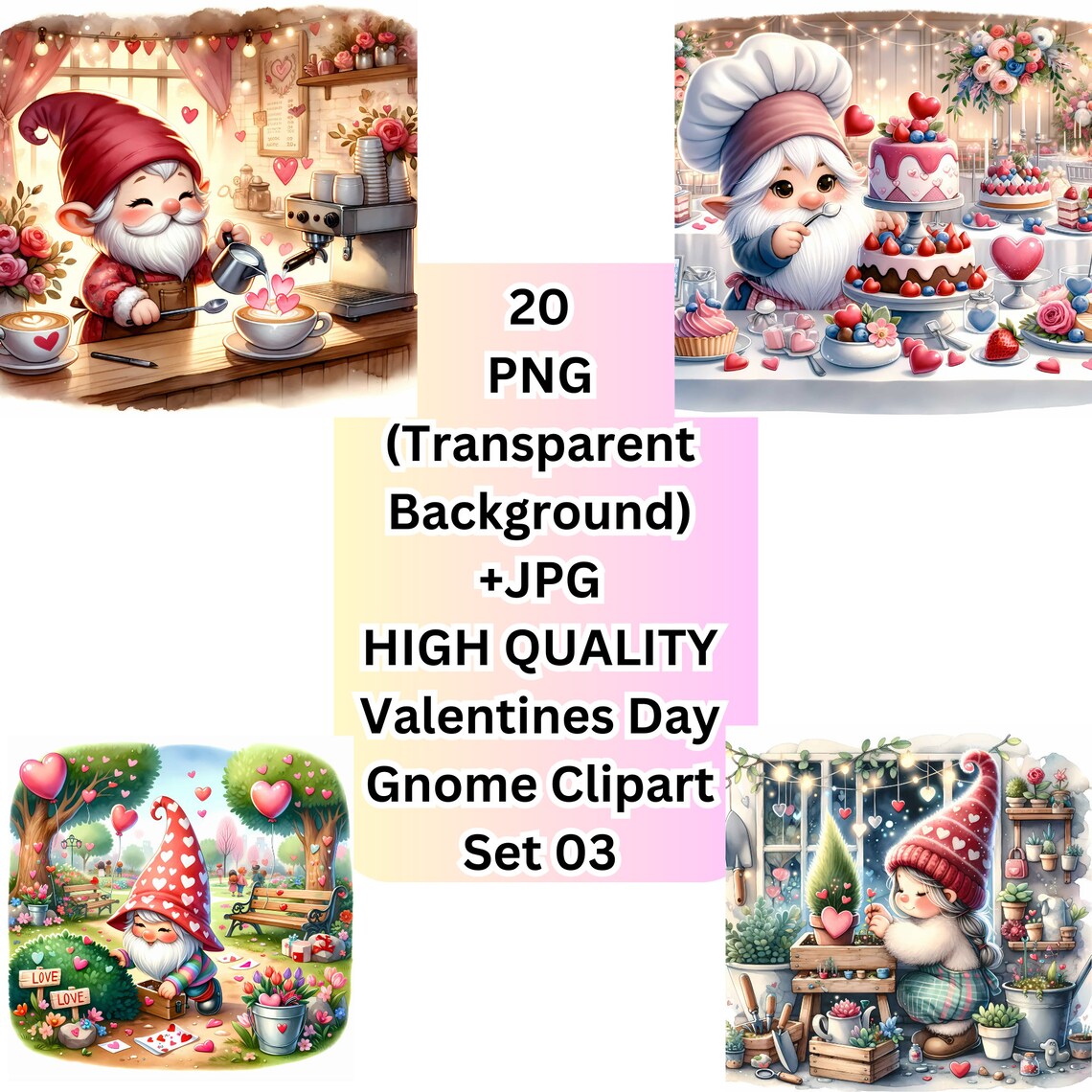 Watercolor Valentines Gnome Clipart, 21 PNG Festive Gnomes Clipart ...