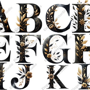Black and Gold Floral Alphabet Clipart: PNG Monogram (digital Download ...