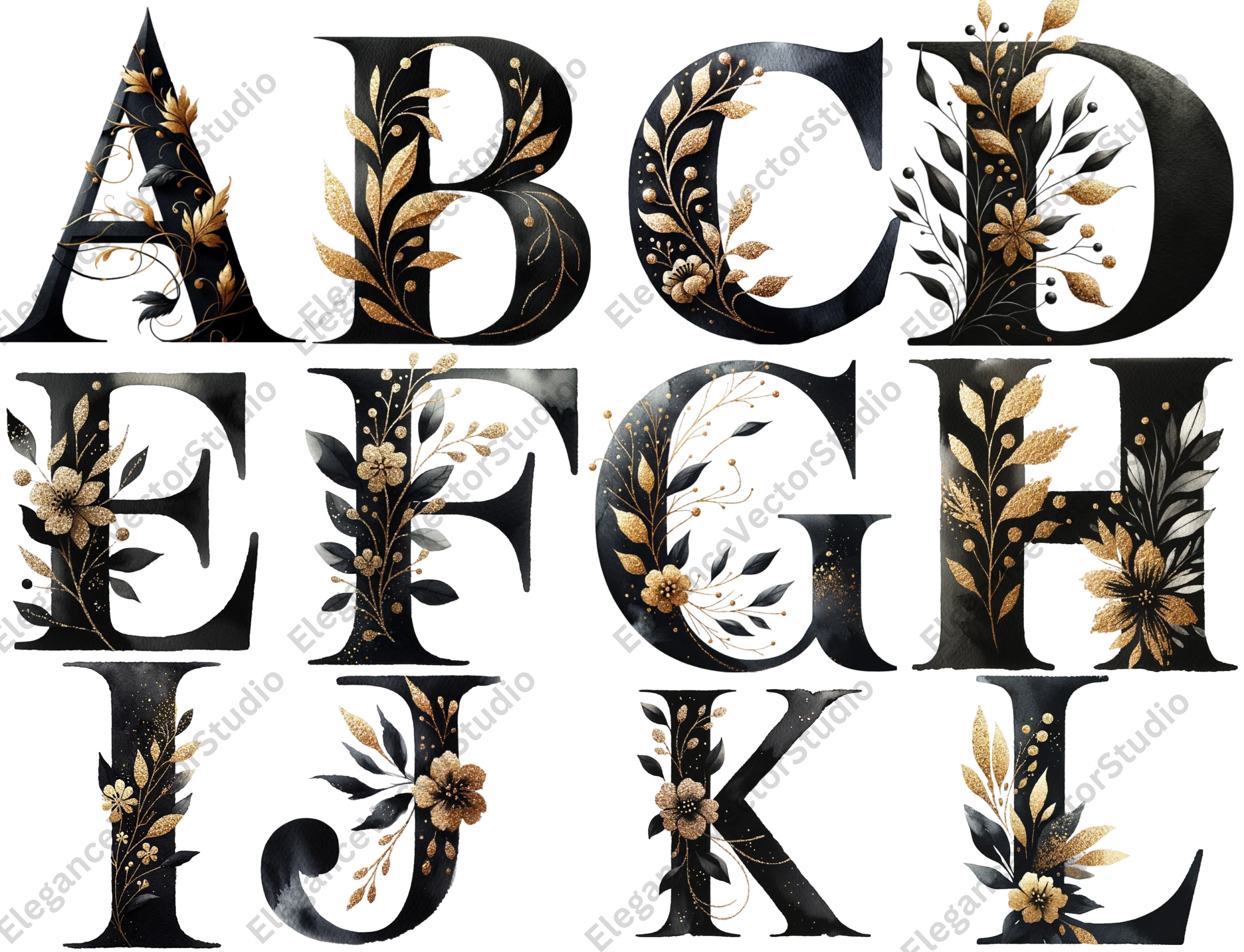 Black and Gold Floral Alphabet Clipart PNG, Glitter Alphabet ...