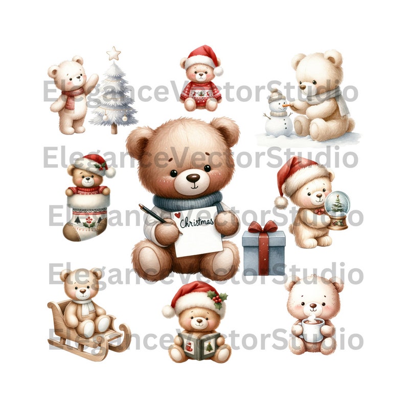 Christmas Teddy Bear Clipart Watercolor, Minimalistic Xmas Teddybear ...